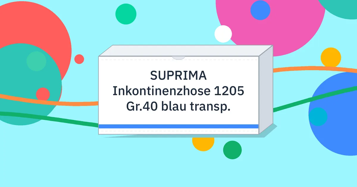 Symbolbild: Packung mit der Aufschrift SUPRIMA Inkontinenzhose 1205 Gr.40 blau transp. (PZN 01365620) – Verfügbarkeit und Bezug in Apotheken in Frankfurt am Main