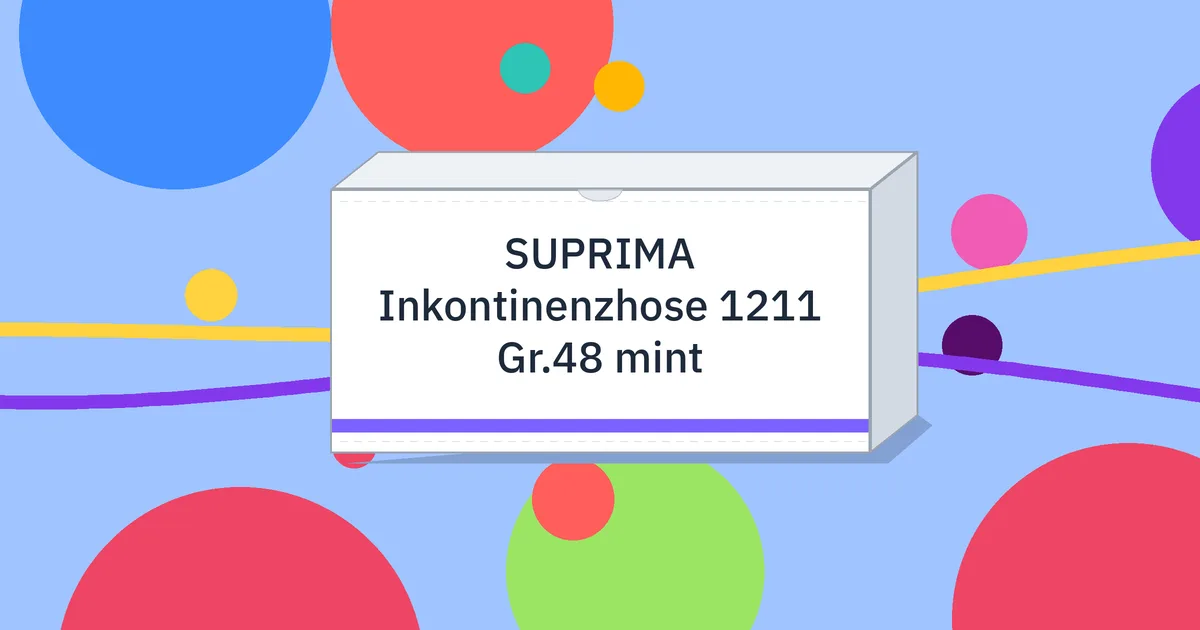 Symbolbild: Packung mit der Aufschrift SUPRIMA Inkontinenzhose 1211 Gr.48 mint (PZN 07632950) – Verfügbarkeit und Bezug in Apotheken in Frankfurt am Main