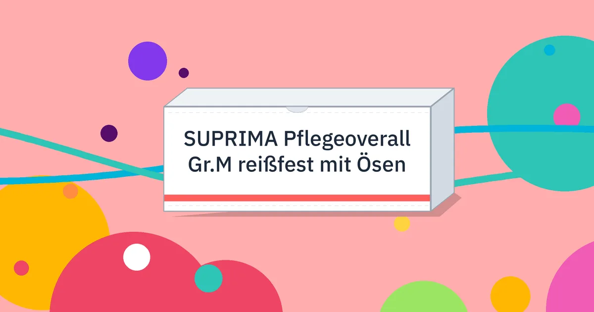 Symbolbild: Packung mit der Aufschrift SUPRIMA Pflegeoverall Gr.M reißfest mit Ösen (PZN 00082073) – Verfügbarkeit und Bezug in Apotheken in Frankfurt am Main