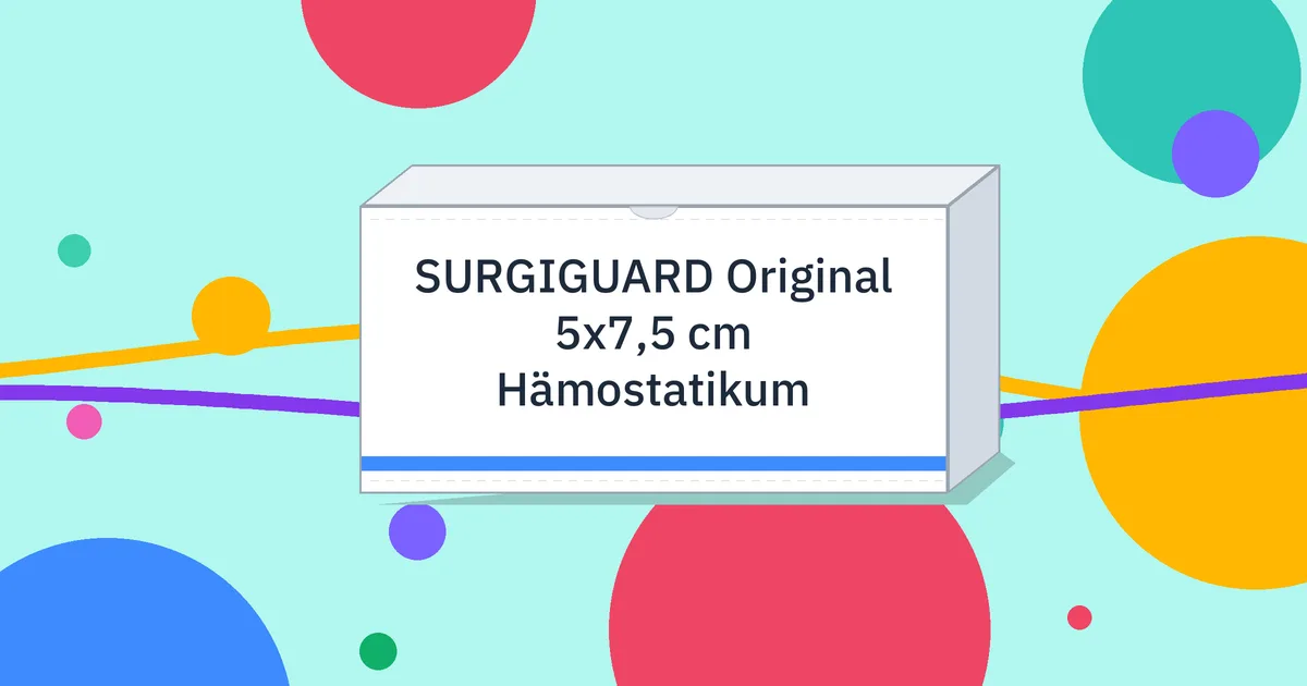 Symbolbild: Packung mit der Aufschrift SURGIGUARD Original 5x7,5 cm Hämostatikum (PZN 19160373) – Verfügbarkeit und Bezug in Apotheken in Frankfurt am Main
