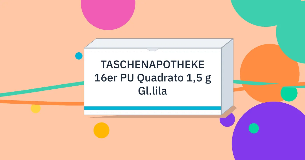 Symbolbild: Packung mit der Aufschrift TASCHENAPOTHEKE 16er PU Quadrato 1,5 g Gl.lila (PZN 00417326) – Verfügbarkeit und Bezug in Apotheken in Frankfurt am Main