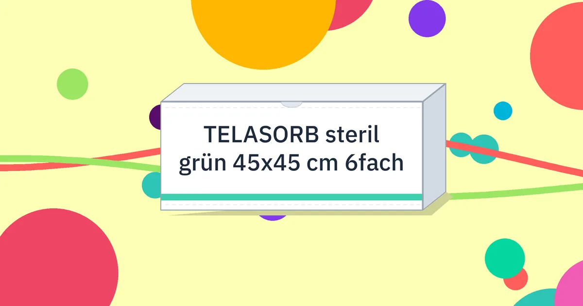 Symbolbild: Packung mit der Aufschrift TELASORB steril grün 45x45 cm 6fach (PZN 06893306) – Verfügbarkeit und Bezug in Apotheken in Frankfurt am Main