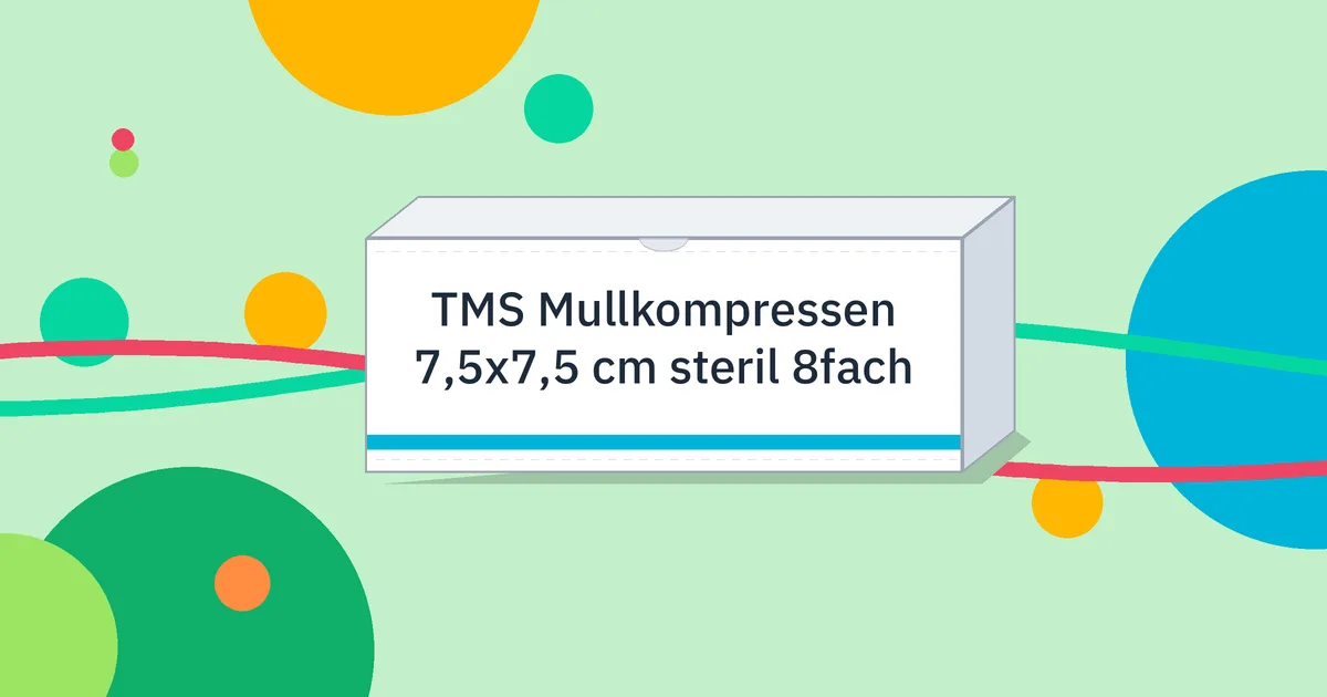 Symbolbild: Packung mit der Aufschrift TMS Mullkompressen 7,5x7,5 cm steril 8fach (PZN 18317246) – Verfügbarkeit und Bezug in Apotheken in Frankfurt am Main