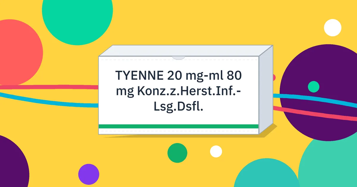 Symbolbild: Packung mit der Aufschrift TYENNE 20 mg-ml 80 mg Konz.z.Herst.Inf.-Lsg.Dsfl. (PZN 19533779) – Verfügbarkeit und Bezug in Apotheken in Frankfurt am Main