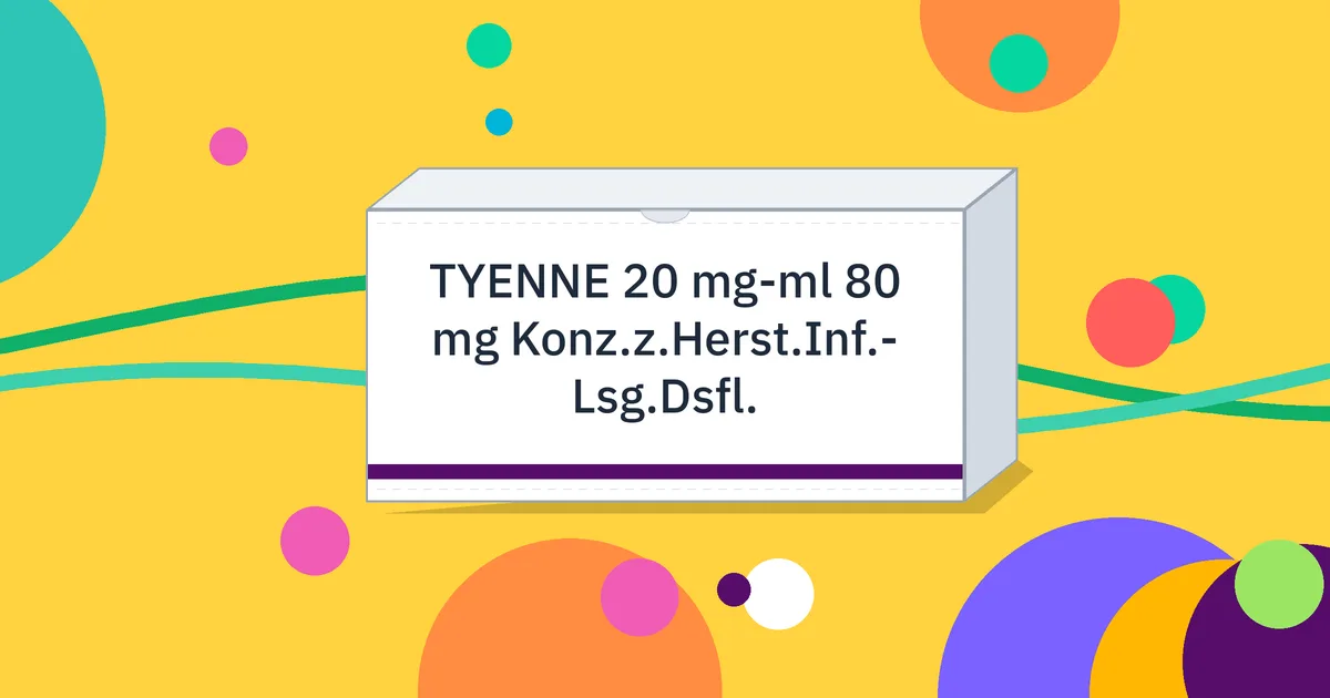 Symbolbild: Packung mit der Aufschrift TYENNE 20 mg-ml 80 mg Konz.z.Herst.Inf.-Lsg.Dsfl. (PZN 19836132) – Verfügbarkeit und Bezug in Apotheken in Frankfurt am Main