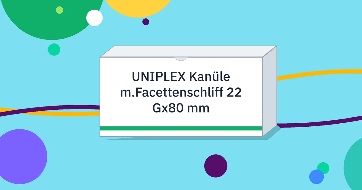Symbolbild: Packung mit der Aufschrift UNIPLEX Kanüle m.Facettenschliff 22 Gx80 mm (PZN 03944463) – Verfügbarkeit und Bezug in Apotheken in Frankfurt am Main
