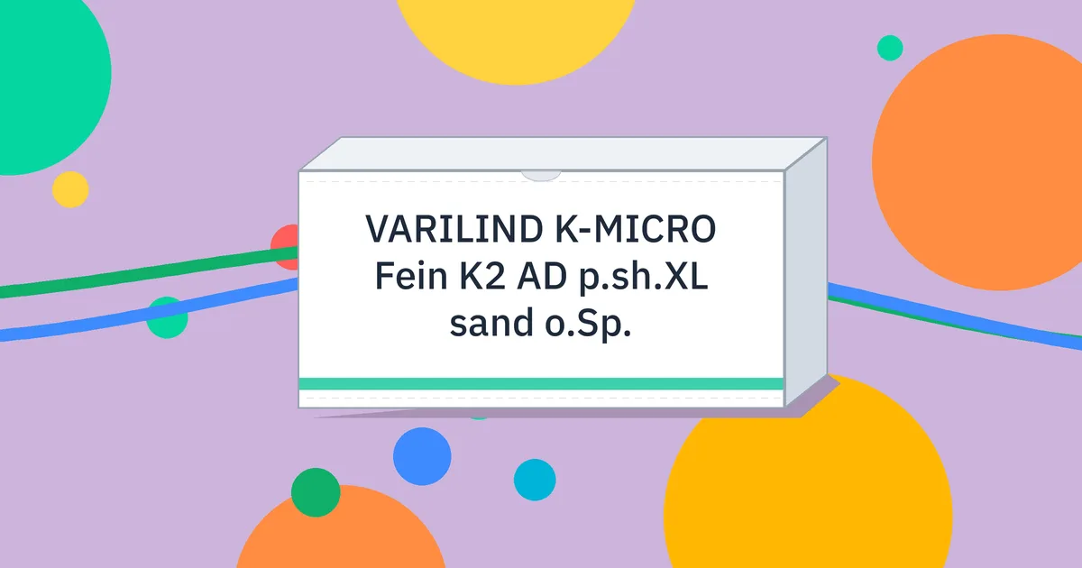 Symbolbild: Packung mit der Aufschrift VARILIND K-MICRO Fein K2 AD p.sh.XL sand o.Sp. (PZN 20619256) – Verfügbarkeit und Bezug in Apotheken in Frankfurt am Main