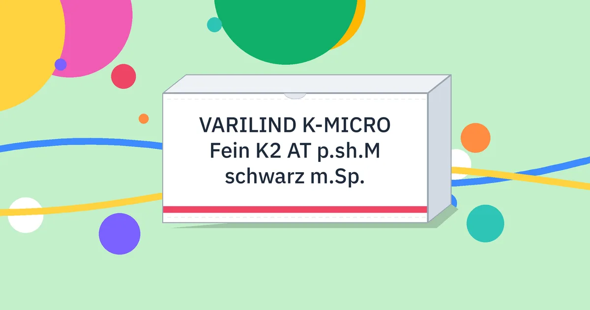 Symbolbild: Packung mit der Aufschrift VARILIND K-MICRO Fein K2 AT p.sh.M schwarz m.Sp. (PZN 20553758) – Verfügbarkeit und Bezug in Apotheken in Frankfurt am Main