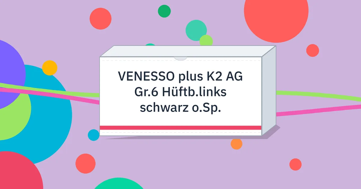 Symbolbild: Packung mit der Aufschrift VENESSO plus K2 AG Gr.6 Hüftb.links schwarz o.Sp. (PZN 03297851) – Verfügbarkeit und Bezug in Apotheken in Frankfurt am Main