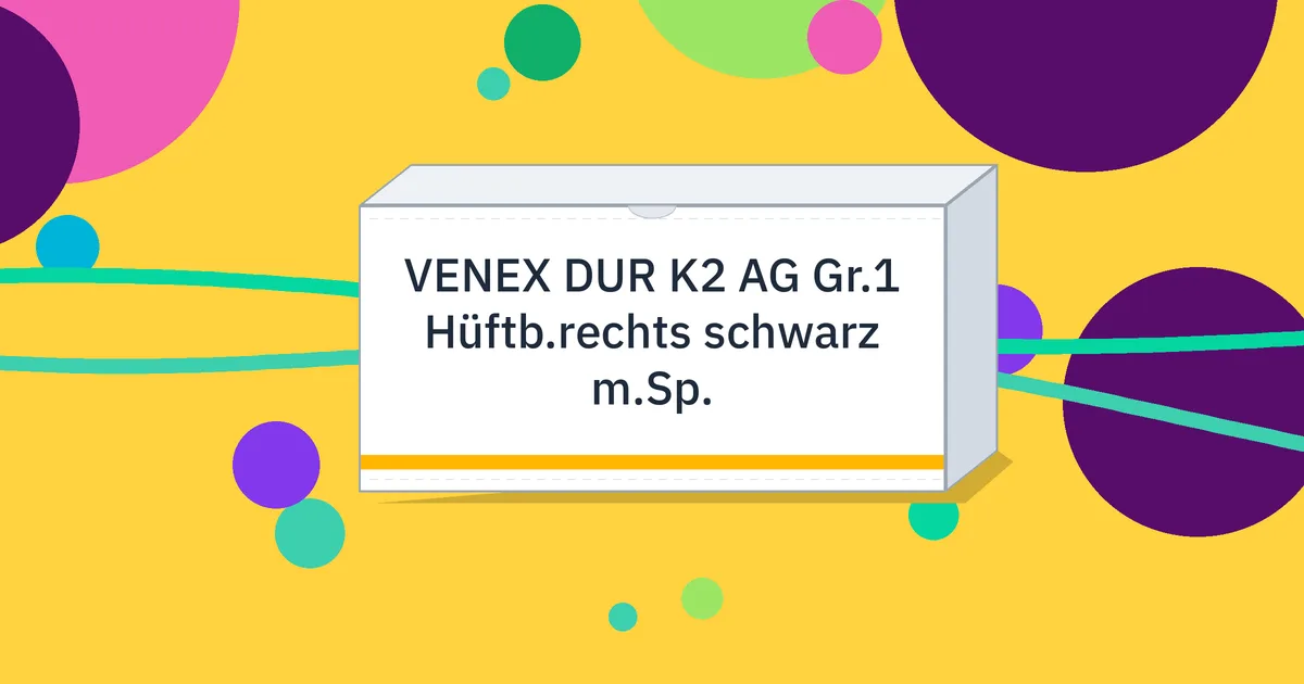 Symbolbild: Packung mit der Aufschrift VENEX DUR K2 AG Gr.1 Hüftb.rechts schwarz m.Sp. (PZN 03229128) – Verfügbarkeit und Bezug in Apotheken in Frankfurt am Main