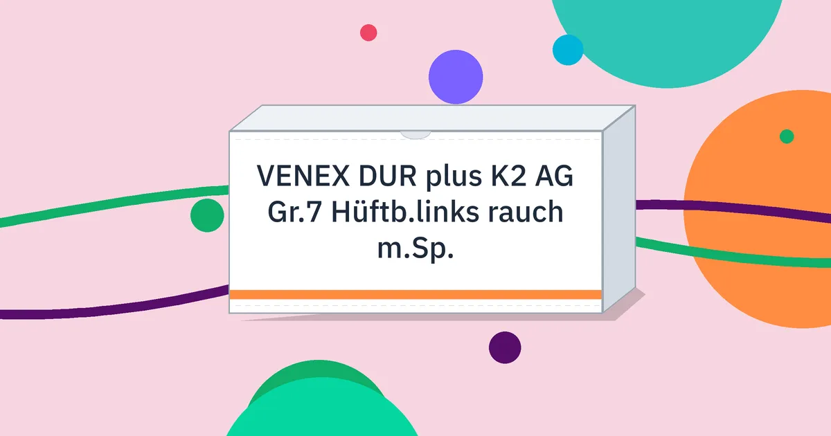 Symbolbild: Packung mit der Aufschrift VENEX DUR plus K2 AG Gr.7 Hüftb.links rauch m.Sp. (PZN 03239049) – Verfügbarkeit und Bezug in Apotheken in Frankfurt am Main