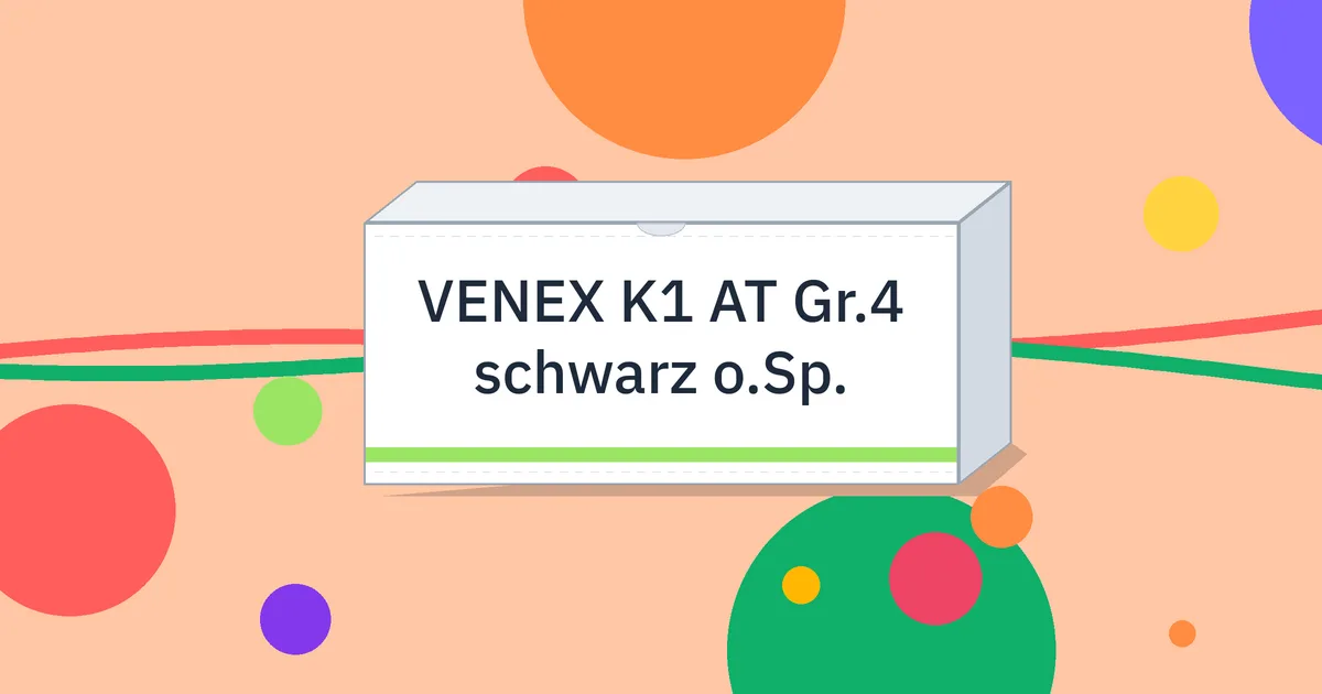 Symbolbild: Packung mit der Aufschrift VENEX K1 AT Gr.4 schwarz o.Sp. (PZN 03198528) – Verfügbarkeit und Bezug in Apotheken in Frankfurt am Main