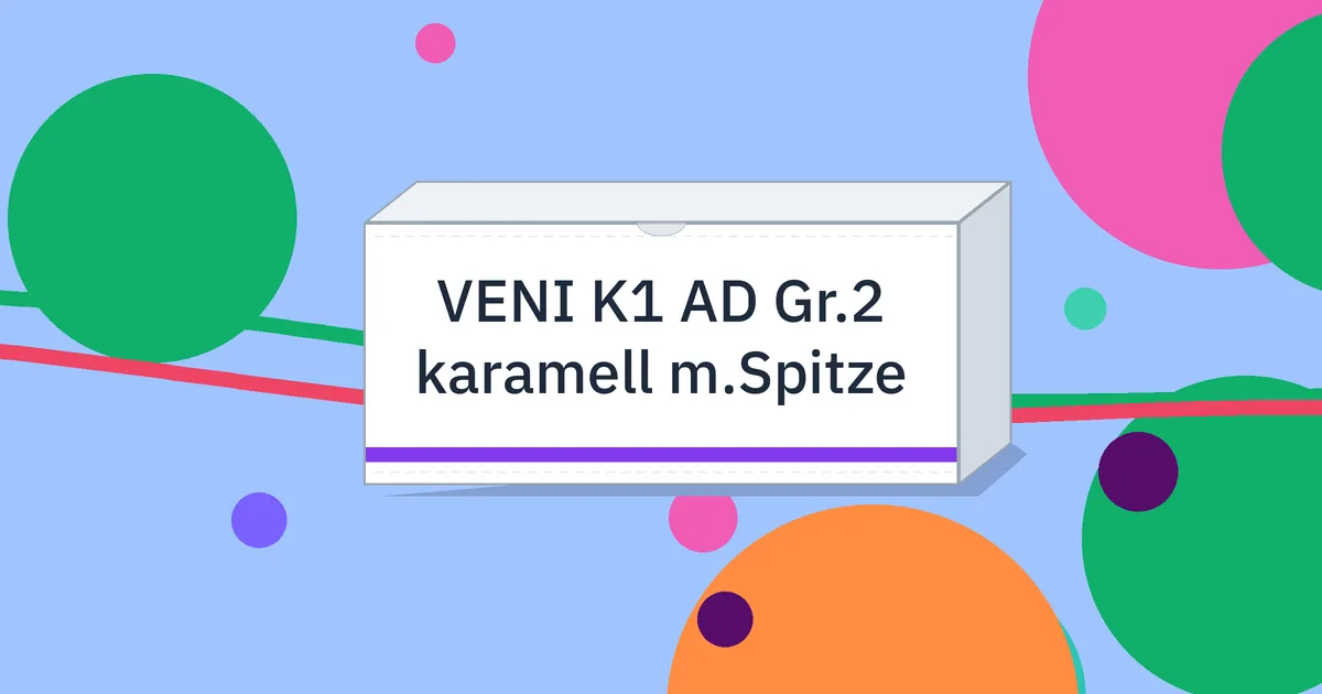 Symbolbild: Packung mit der Aufschrift VENI K1 AD Gr.2 karamell m.Spitze (PZN 13756018) – Verfügbarkeit und Bezug in Apotheken in Frankfurt am Main