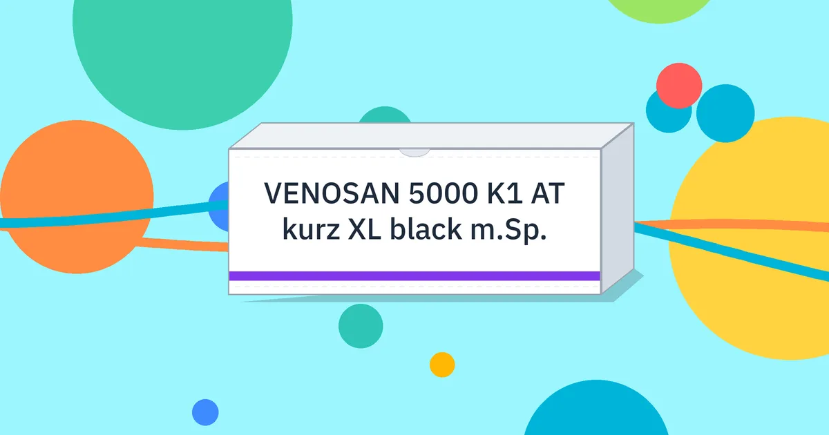 Symbolbild: Packung mit der Aufschrift VENOSAN 5000 K1 AT kurz XL black m.Sp. (PZN 14432855) – Verfügbarkeit und Bezug in Apotheken in Frankfurt am Main