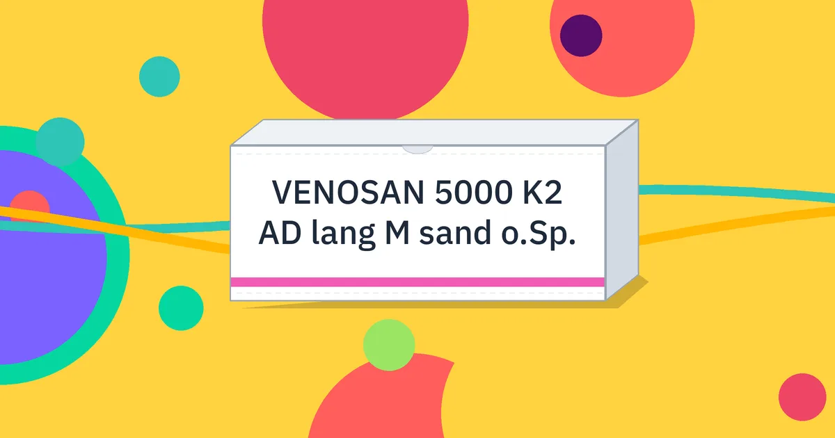 Symbolbild: Packung mit der Aufschrift VENOSAN 5000 K2 AD lang M sand o.Sp. (PZN 14428492) – Verfügbarkeit und Bezug in Apotheken in Frankfurt am Main