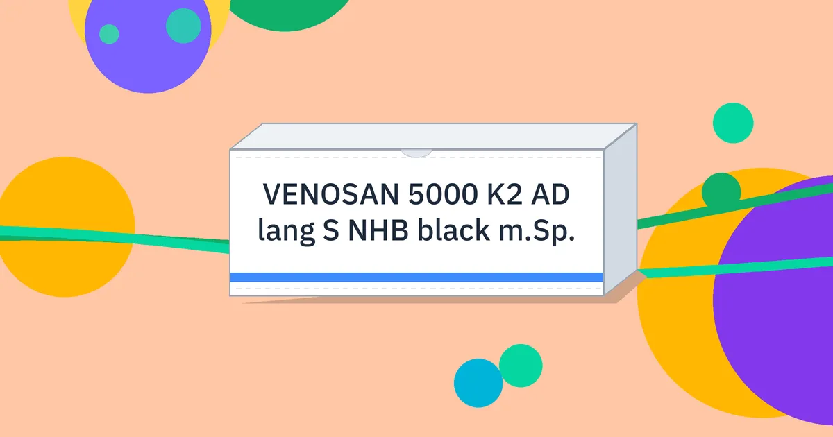 Symbolbild: Packung mit der Aufschrift VENOSAN 5000 K2 AD lang S NHB black m.Sp. (PZN 14433300) – Verfügbarkeit und Bezug in Apotheken in Frankfurt am Main