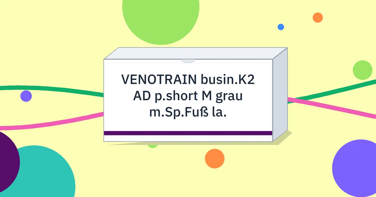 Symbolbild: Packung mit der Aufschrift VENOTRAIN busin.K2 AD p.short M grau m.Sp.Fuß la. (PZN 19056865) – Verfügbarkeit und Bezug in Apotheken in Frankfurt am Main