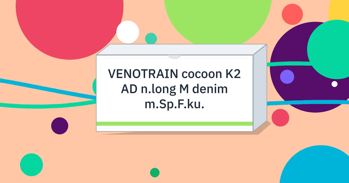 Symbolbild: Packung mit der Aufschrift VENOTRAIN cocoon K2 AD n.long M denim m.Sp.F.ku. (PZN 19198938) – Verfügbarkeit und Bezug in Apotheken in Frankfurt am Main