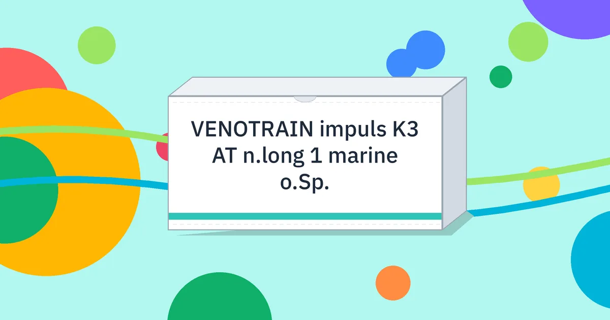 Symbolbild: Packung mit der Aufschrift VENOTRAIN impuls K3 AT n.long 1 marine o.Sp. (PZN 19355875) – Verfügbarkeit und Bezug in Apotheken in Frankfurt am Main