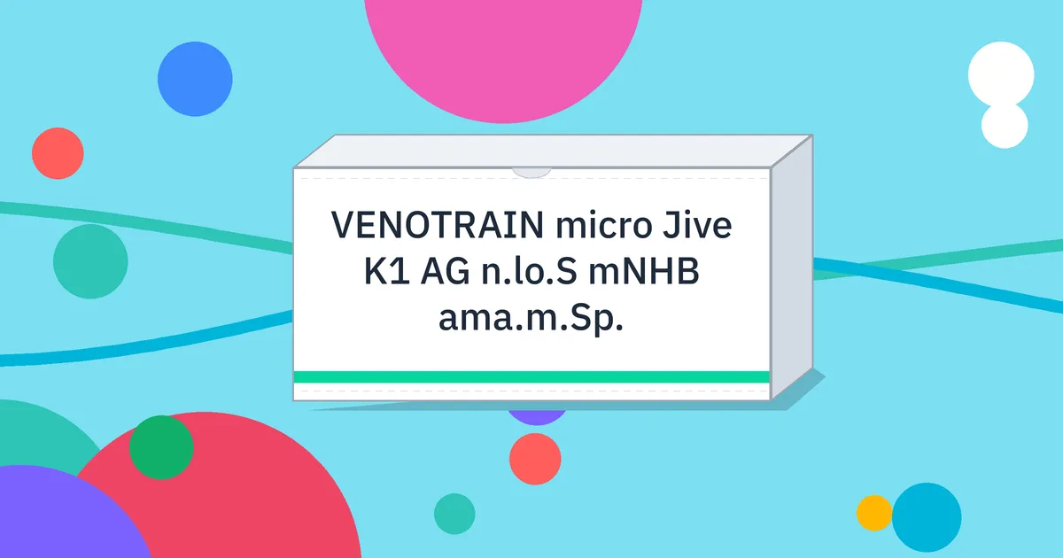 Symbolbild: Packung mit der Aufschrift VENOTRAIN micro Jive K1 AG n.lo.S mNHB ama.m.Sp. (PZN 17759479) – Verfügbarkeit und Bezug in Apotheken in Frankfurt am Main