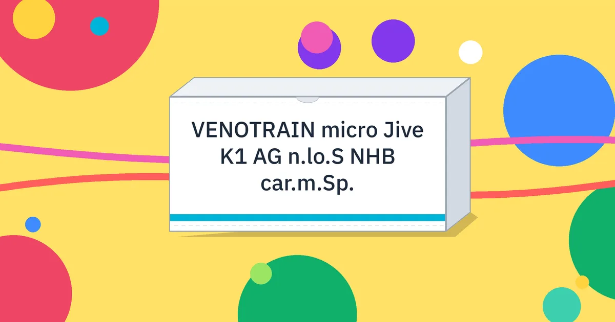 Symbolbild: Packung mit der Aufschrift VENOTRAIN micro Jive K1 AG n.lo.S NHB car.m.Sp. (PZN 17764144) – Verfügbarkeit und Bezug in Apotheken in Frankfurt am Main