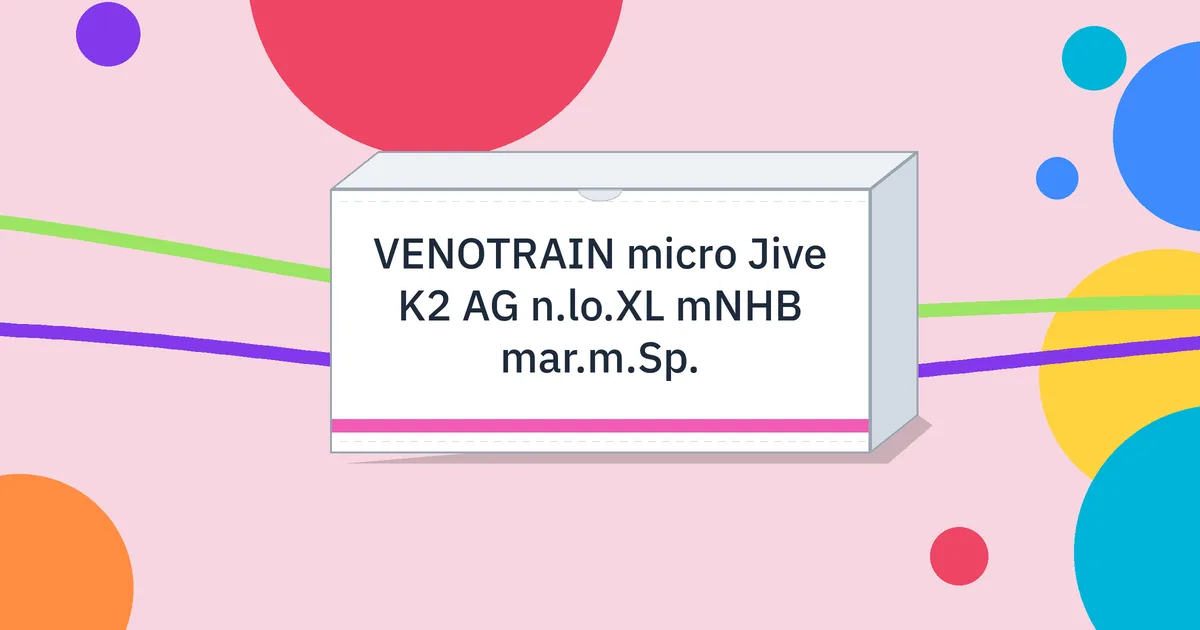 Symbolbild: Packung mit der Aufschrift VENOTRAIN micro Jive K2 AG n.lo.XL mNHB mar.m.Sp. (PZN 17762027) – Verfügbarkeit und Bezug in Apotheken in Frankfurt am Main