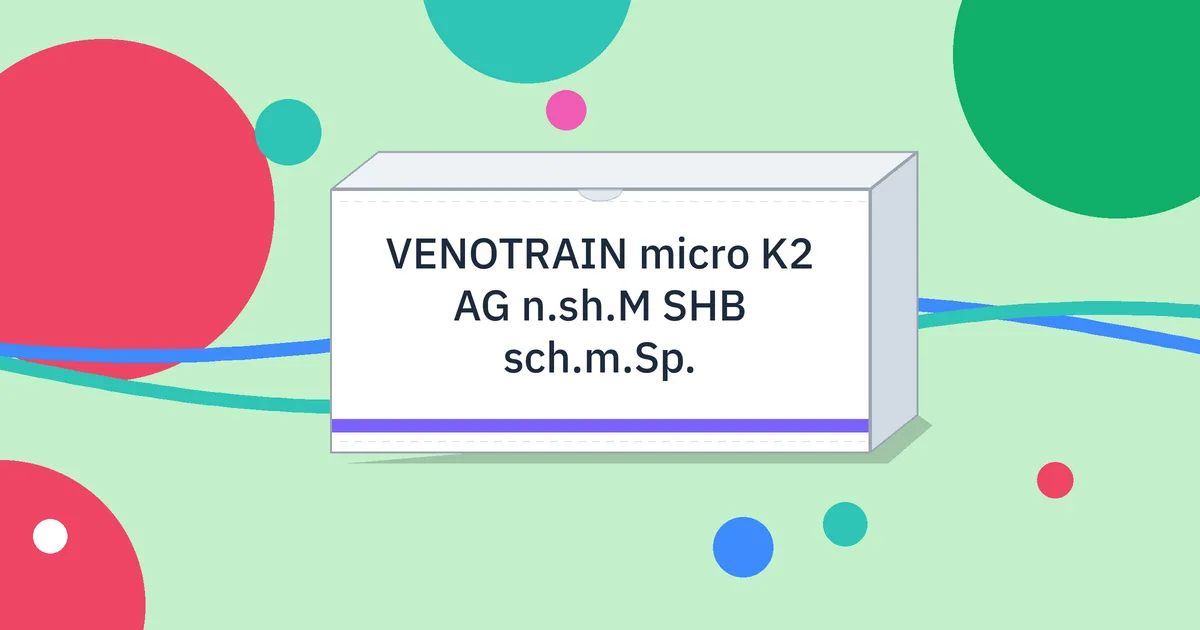 Symbolbild: Packung mit der Aufschrift VENOTRAIN micro K2 AG n.sh.M SHB sch.m.Sp. (PZN 00416284) – Verfügbarkeit und Bezug in Apotheken in Frankfurt am Main