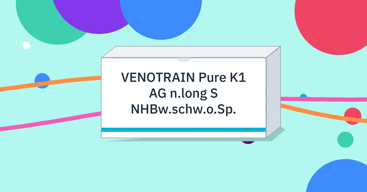 Symbolbild: Packung mit der Aufschrift VENOTRAIN Pure K1 AG n.long S NHBw.schw.o.Sp. (PZN 18146135) – Verfügbarkeit und Bezug in Apotheken in Frankfurt am Main