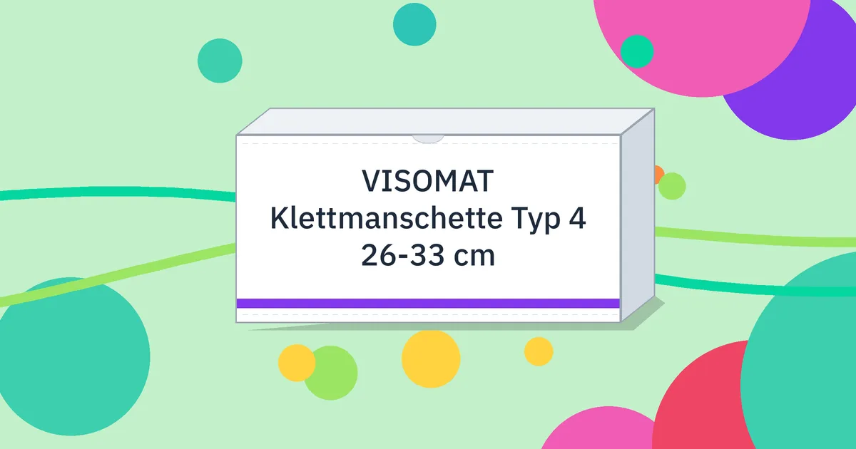 Symbolbild: Packung mit der Aufschrift VISOMAT Klettmanschette Typ 4 26-33 cm (PZN 09786290) – Verfügbarkeit und Bezug in Apotheken in Frankfurt am Main