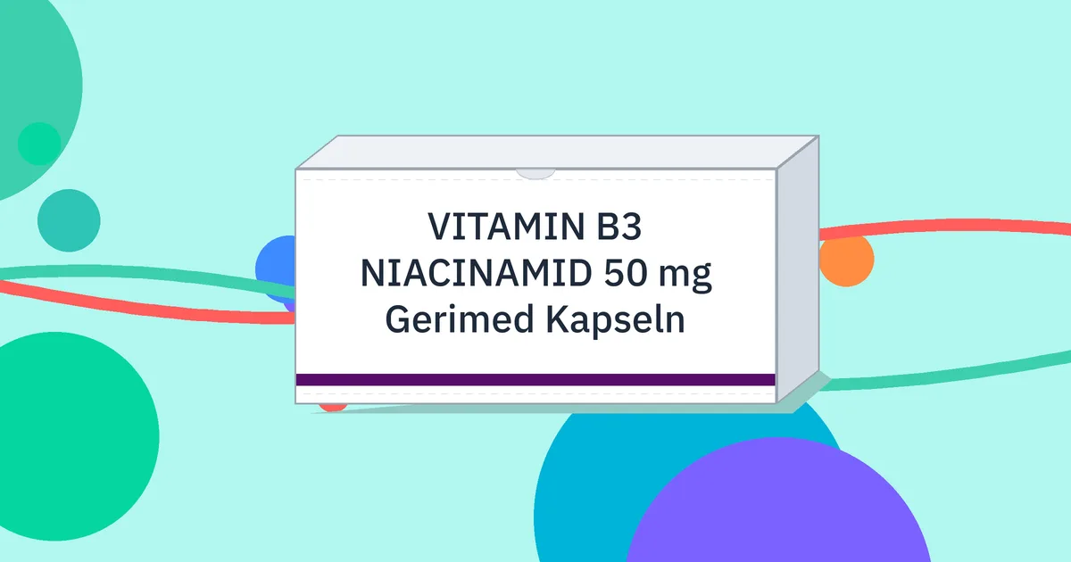 Symbolbild: Packung mit der Aufschrift VITAMIN B3 NIACINAMID 50 mg Gerimed Kapseln (PZN 04698552) – Verfügbarkeit und Bezug in Apotheken in Frankfurt am Main