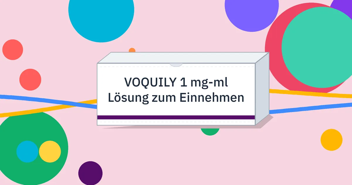 Symbolbild: Packung mit der Aufschrift VOQUILY 1 mg-ml Lösung zum Einnehmen (PZN 19192226) – Verfügbarkeit und Bezug in Apotheken in Frankfurt am Main