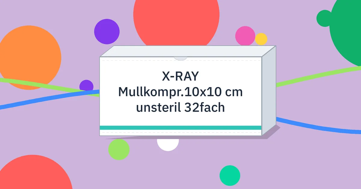 Symbolbild: Packung mit der Aufschrift X-RAY Mullkompr.10x10 cm unsteril 32fach (PZN 08486864) – Verfügbarkeit und Bezug in Apotheken in Frankfurt am Main