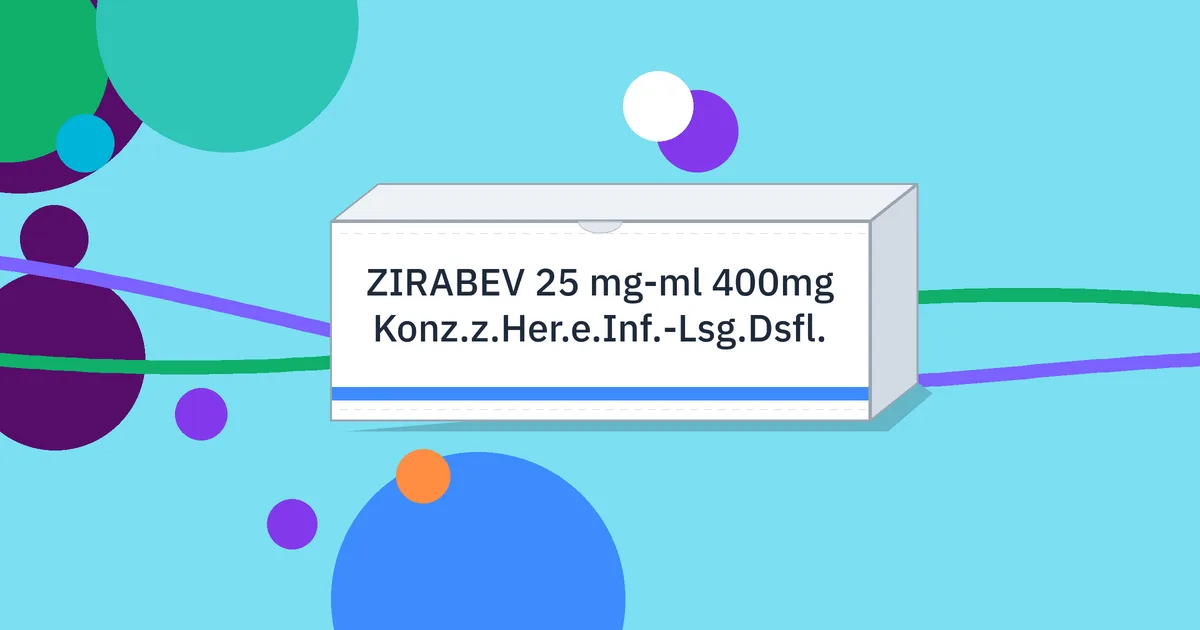 Symbolbild: Packung mit der Aufschrift ZIRABEV 25 mg-ml 400mg Konz.z.Her.e.Inf.-Lsg.Dsfl. (PZN 15657450) – Verfügbarkeit und Bezug in Apotheken in Frankfurt am Main