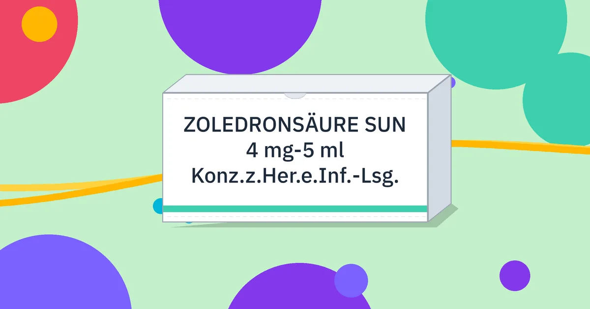 Symbolbild: Packung mit der Aufschrift ZOLEDRONSÄURE SUN 4 mg-5 ml Konz.z.Her.e.Inf.-Lsg. (PZN 04708635) – Verfügbarkeit und Bezug in Apotheken in Frankfurt am Main