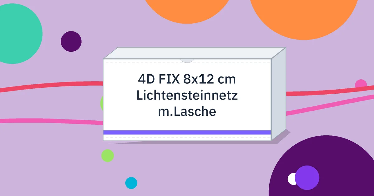 Symbolbild: Packung mit der Aufschrift 4D FIX 8x12 cm Lichtensteinnetz m.Lasche (PZN 20581536) – Verfügbarkeit und Bezug in Apotheken in Frankfurt am Main