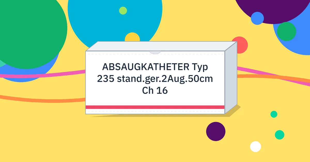 Symbolbild: Packung mit der Aufschrift ABSAUGKATHETER Typ 235 stand.ger.2Aug.50cm Ch 16 (PZN 16598985) – Verfügbarkeit und Bezug in Apotheken in Frankfurt am Main