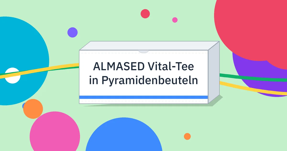 Symbolbild: Packung mit der Aufschrift ALMASED Vital-Tee in Pyramidenbeuteln (PZN 19505346) – Verfügbarkeit und Bezug in Apotheken in Frankfurt am Main