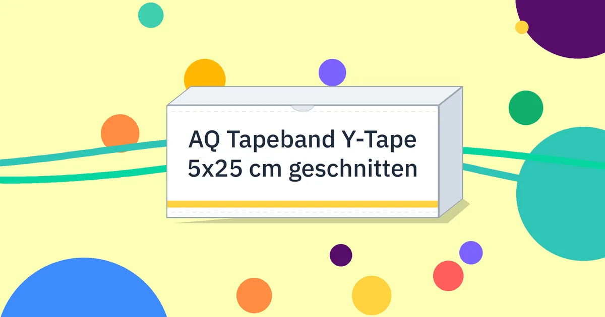 Symbolbild: Packung mit der Aufschrift AQ Tapeband Y-Tape 5x25 cm geschnitten (PZN 06859479) – Verfügbarkeit und Bezug in Apotheken in Frankfurt am Main