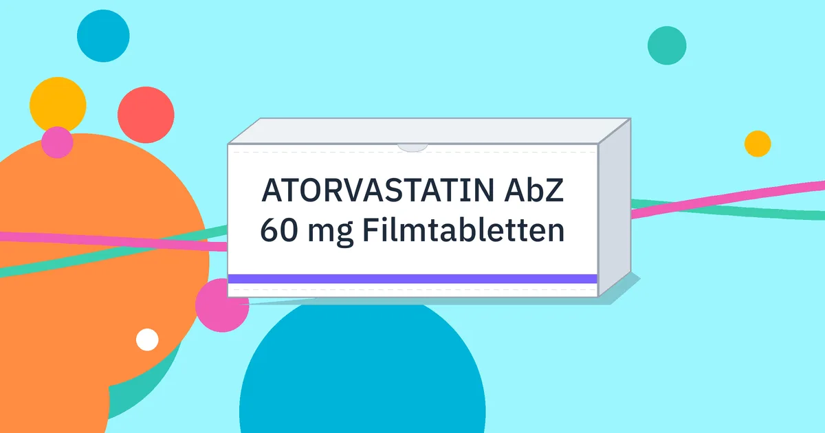 Symbolbild: Packung mit der Aufschrift ATORVASTATIN AbZ 60 mg Filmtabletten (PZN 09924639) – Verfügbarkeit und Bezug in Apotheken in Frankfurt am Main