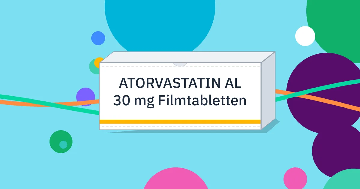 Symbolbild: Packung mit der Aufschrift ATORVASTATIN AL 30 mg Filmtabletten (PZN 16021553) – Verfügbarkeit und Bezug in Apotheken in Frankfurt am Main