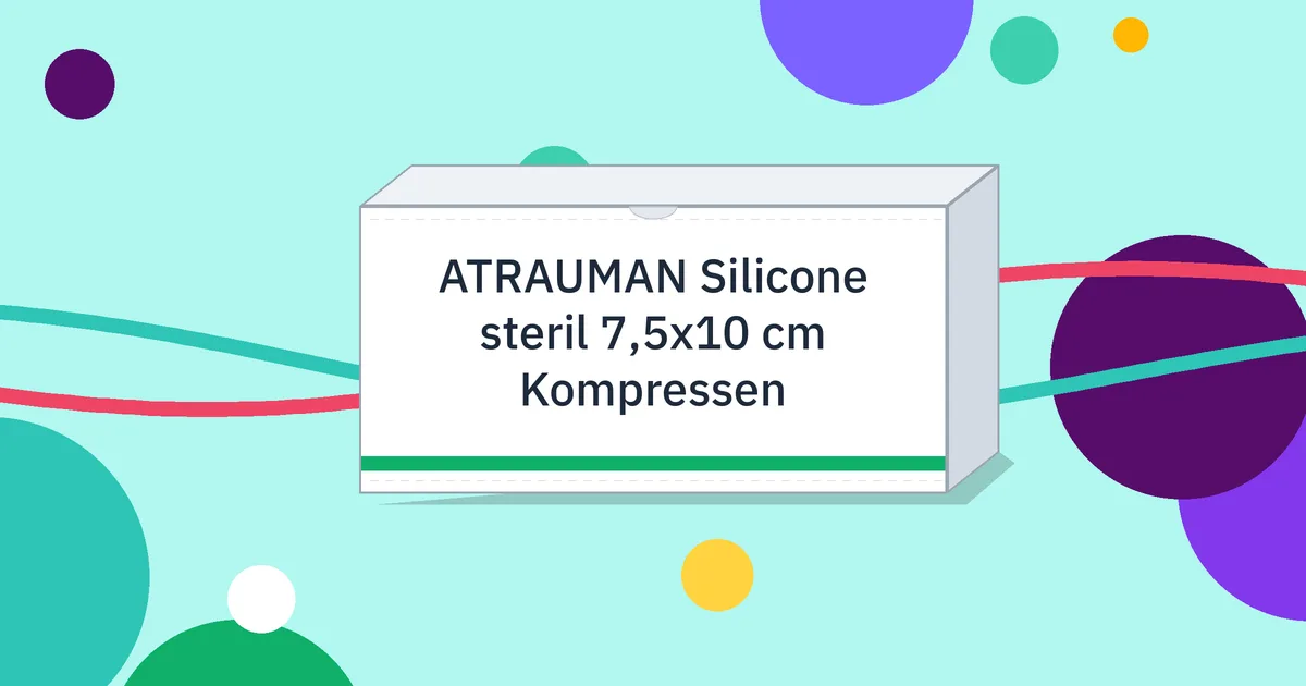 Symbolbild: Packung mit der Aufschrift ATRAUMAN Silicone steril 7,5x10 cm Kompressen (PZN 15615397) – Verfügbarkeit und Bezug in Apotheken in Frankfurt am Main