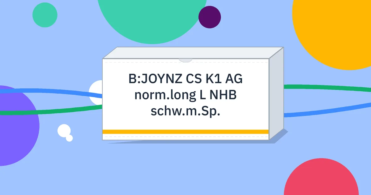 Symbolbild: Packung mit der Aufschrift B:JOYNZ CS K1 AG norm.long L NHB schw.m.Sp. (PZN 20533796) – Verfügbarkeit und Bezug in Apotheken in Frankfurt am Main