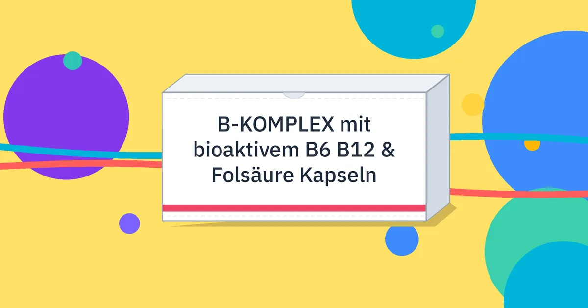 Symbolbild: Packung mit der Aufschrift B-KOMPLEX mit bioaktivem B6 B12 & Folsäure Kapseln (PZN 19905293) – Verfügbarkeit und Bezug in Apotheken in Frankfurt am Main