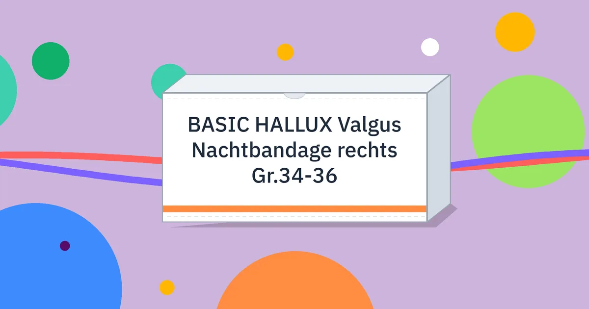 Symbolbild: Packung mit der Aufschrift BASIC HALLUX Valgus Nachtbandage rechts Gr.34-36 (PZN 15380959) – Verfügbarkeit und Bezug in Apotheken in Frankfurt am Main