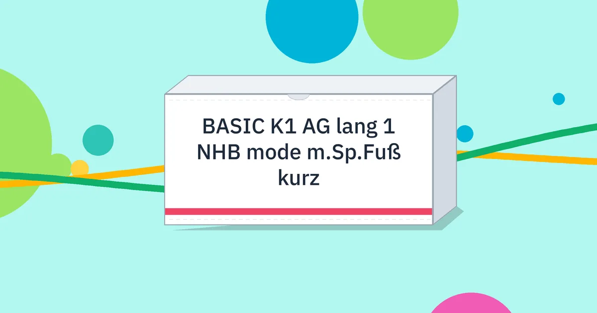 Symbolbild: Packung mit der Aufschrift BASIC K1 AG lang 1 NHB mode m.Sp.Fuß kurz (PZN 20259757) – Verfügbarkeit und Bezug in Apotheken in Frankfurt am Main