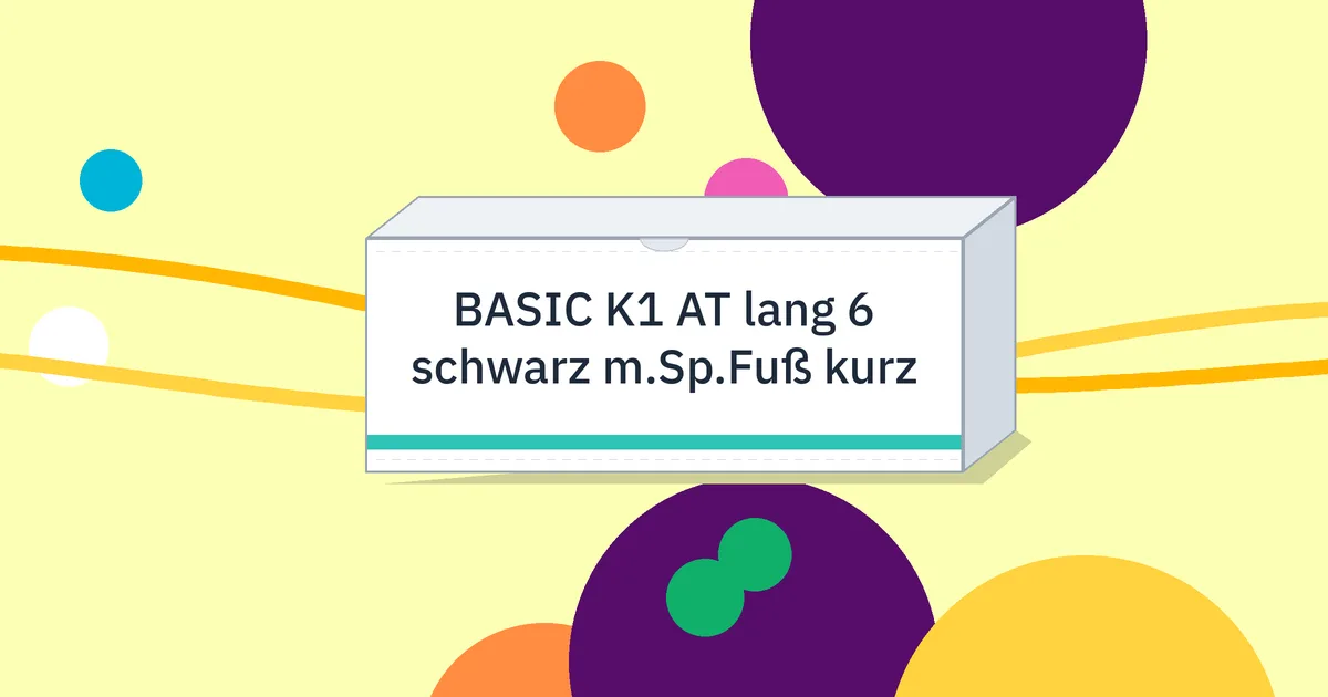 Symbolbild: Packung mit der Aufschrift BASIC K1 AT lang 6 schwarz m.Sp.Fuß kurz (PZN 20263173) – Verfügbarkeit und Bezug in Apotheken in Frankfurt am Main