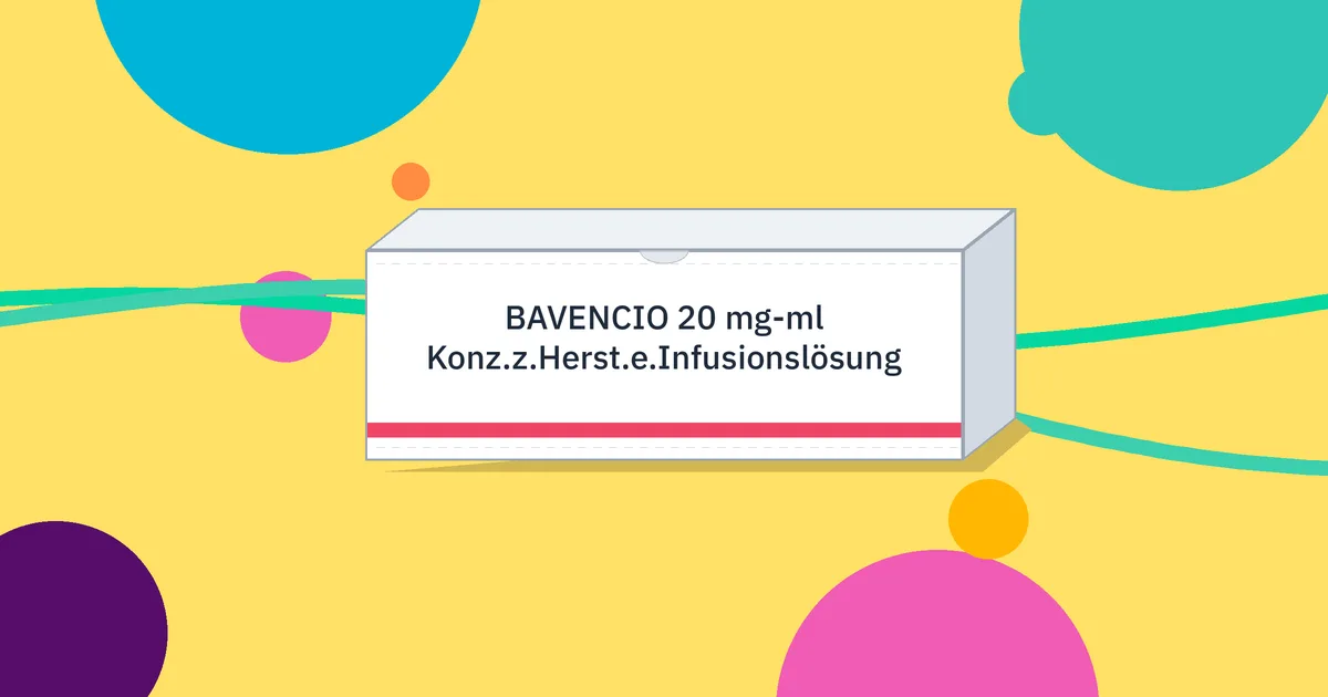Symbolbild: Packung mit der Aufschrift BAVENCIO 20 mg-ml Konz.z.Herst.e.Infusionslösung (PZN 19627061) – Verfügbarkeit und Bezug in Apotheken in Frankfurt am Main