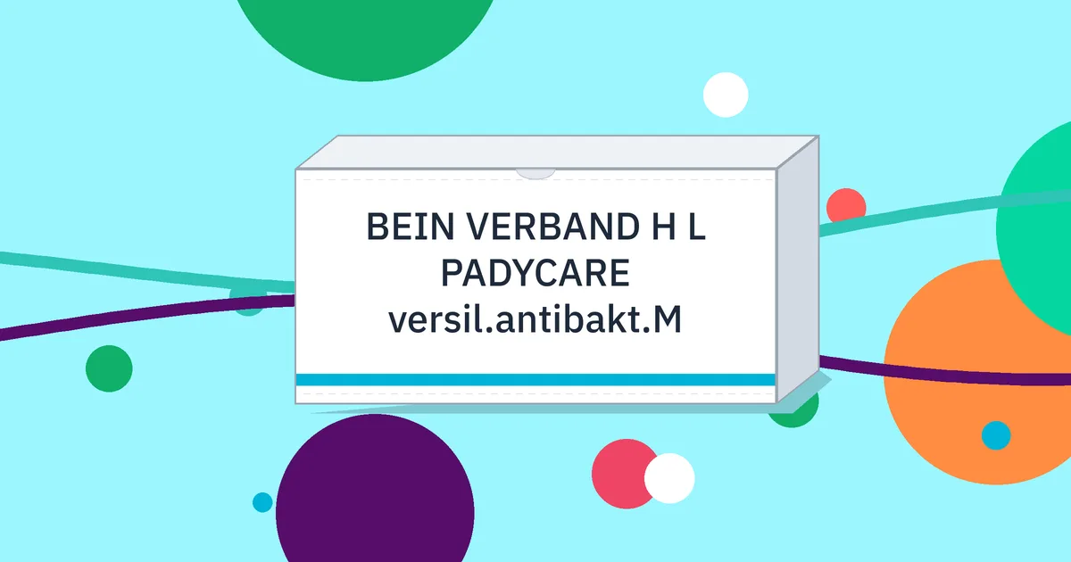 Symbolbild: Packung mit der Aufschrift BEIN VERBAND H L PADYCARE versil.antibakt.M (PZN 10939273) – Verfügbarkeit und Bezug in Apotheken in Frankfurt am Main