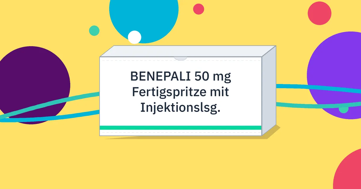 Symbolbild: Packung mit der Aufschrift BENEPALI 50 mg Fertigspritze mit Injektionslsg. (PZN 12421913) – Verfügbarkeit und Bezug in Apotheken in Frankfurt am Main