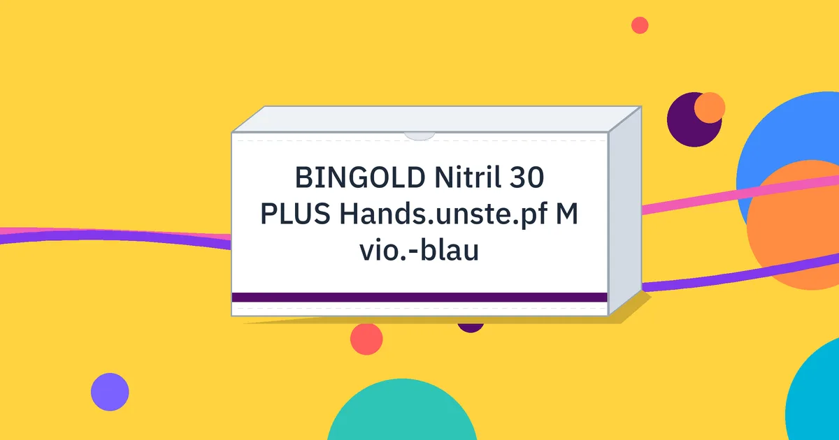 Symbolbild: Packung mit der Aufschrift BINGOLD Nitril 30 PLUS Hands.unste.pf M vio.-blau (PZN 17384364) – Verfügbarkeit und Bezug in Apotheken in Frankfurt am Main